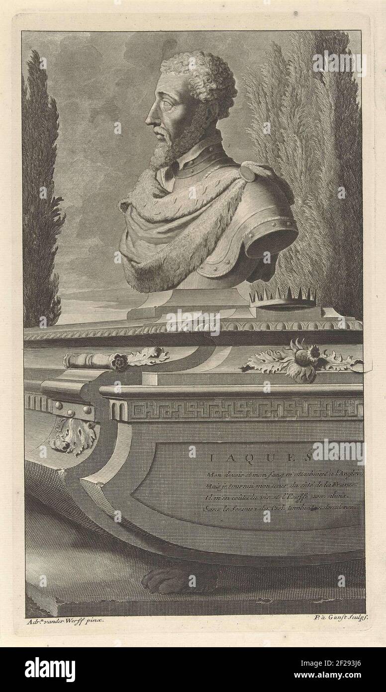 On top of a tomb the bust of Jacobus v, king of Scotland. On the Tomb a ...