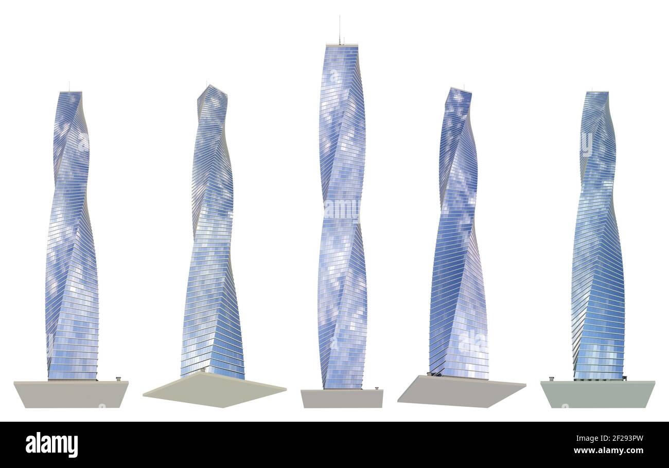 5 different angles views renders of fictional design skyscrapers with ...