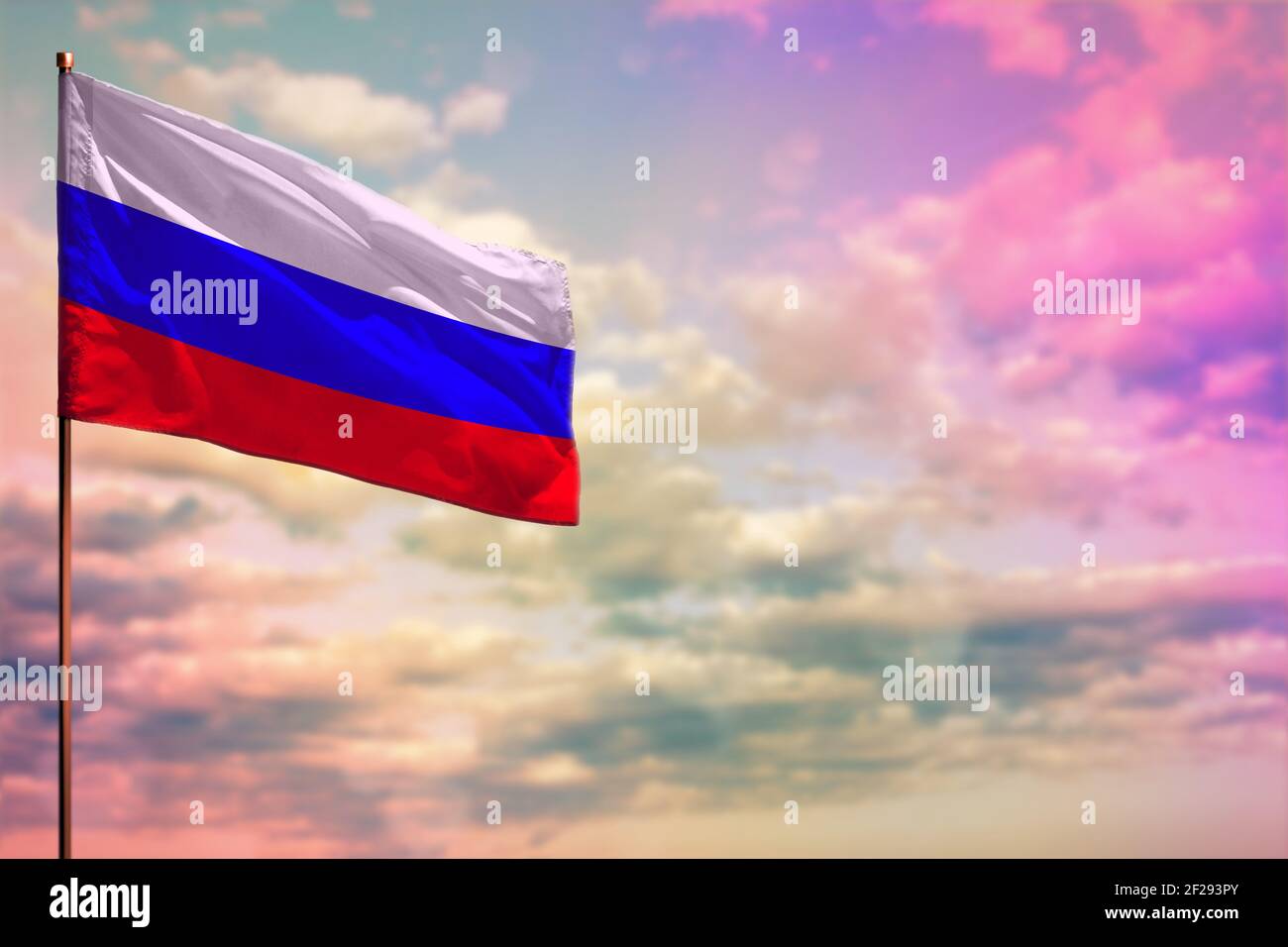 Fluttering Russia flag mockup with the place for your text on colorful ...