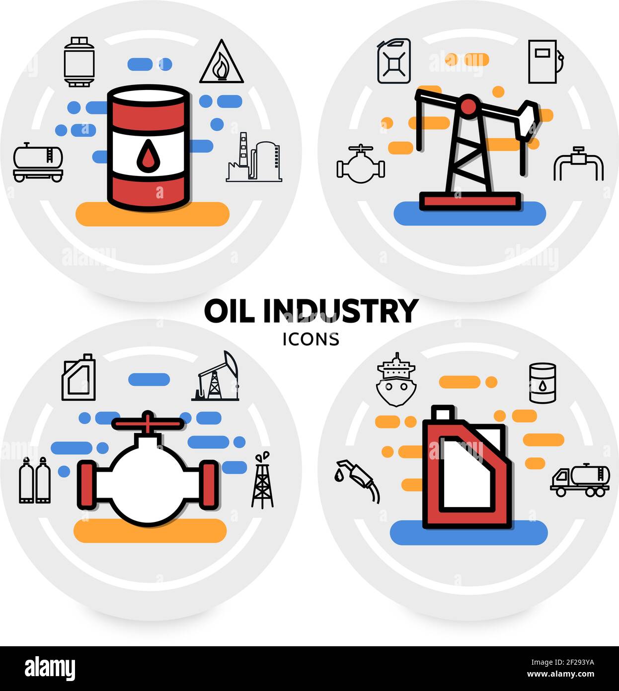 Oil industry concept with canister drilling rig valve barrel refinery ...