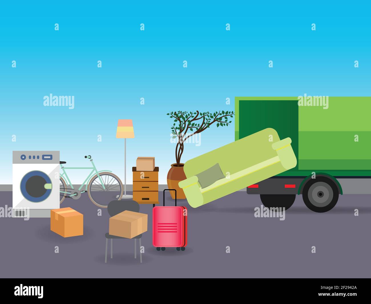 Sofa and other objects ready to be put in a van, furniture ...