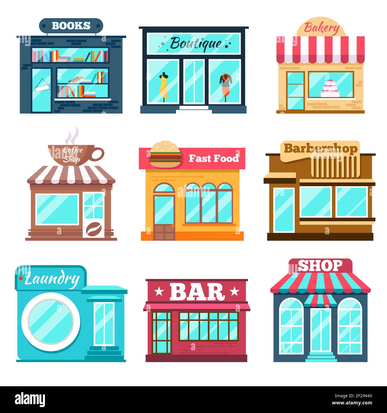 Shops and stores icons set in flat design style. Fast food, shop book ...