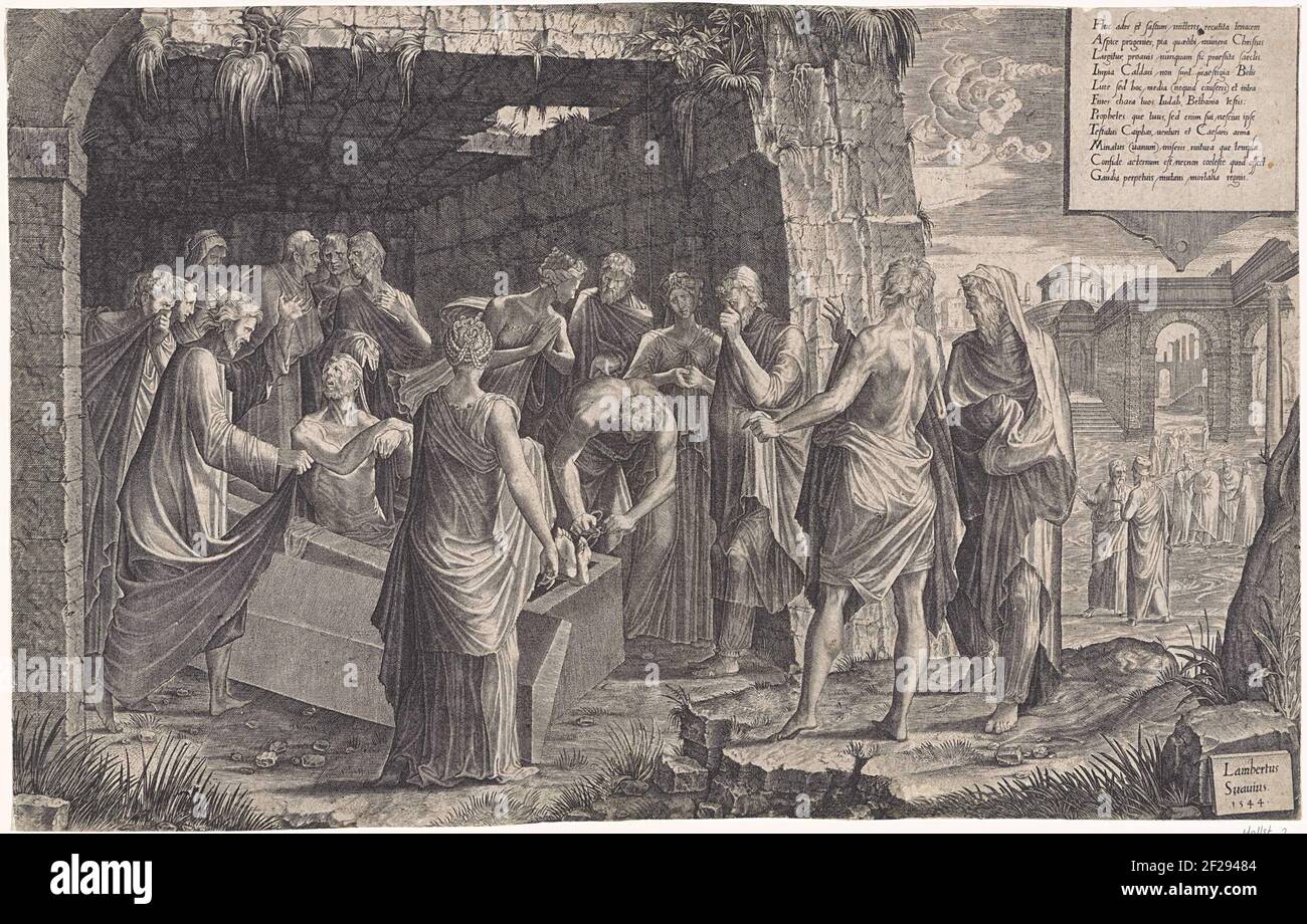 Opwekking van Lazarus.Christ is at the opened tomb of Lazarus and ...