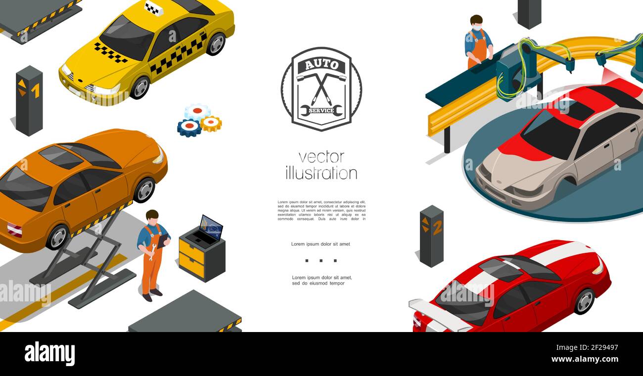 Isometric auto repair service template with mechanics taxi and sports ...
