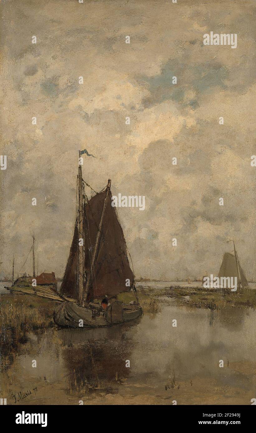 Ships in Dull Weather.Landscape with outstretched puddles and some ...