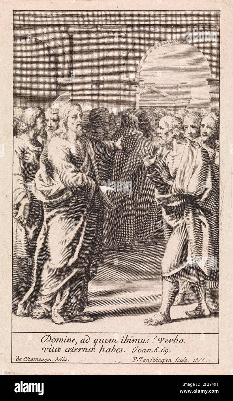 Christus en Petrus.Peter runs with a requesting attitude to Christ, who ...