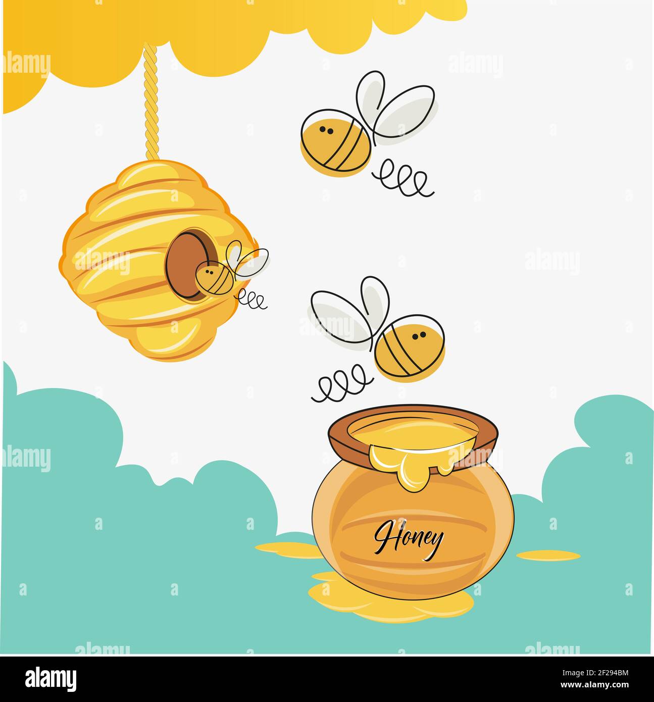 Buzzy Bee vector illustration with hive and honey pot on a white ...