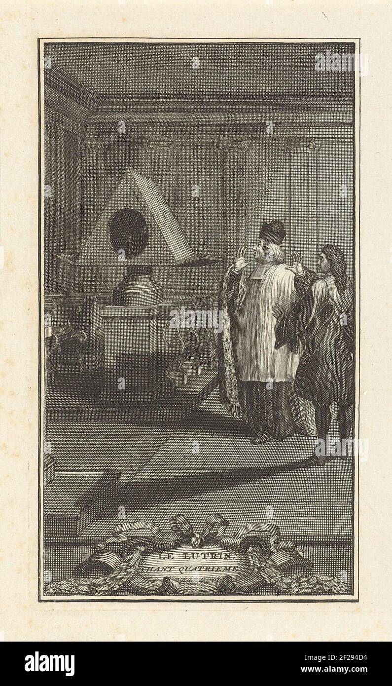 The priest, his hands raised, looks surprised and shocked to the desk ...