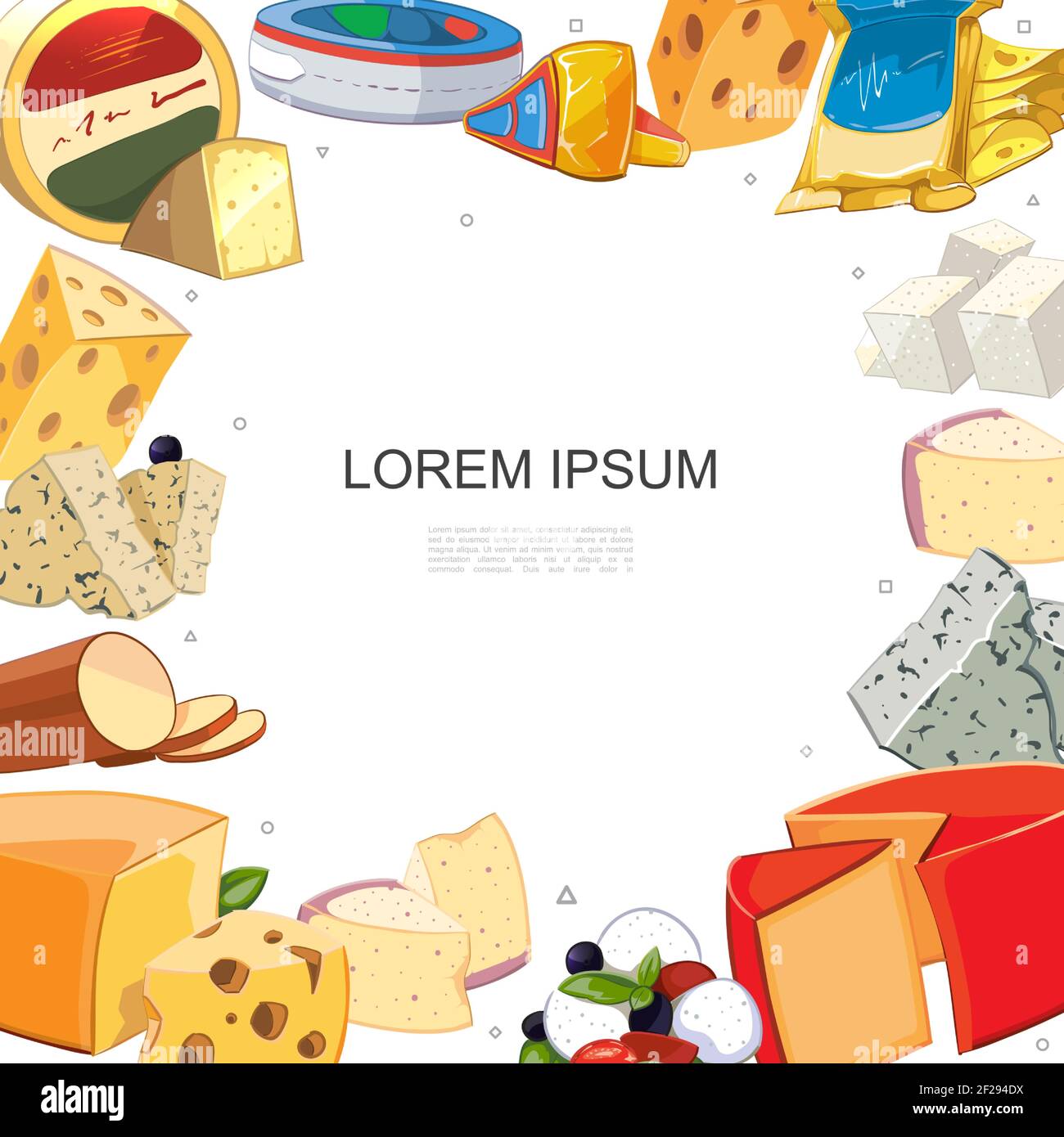 Cartoon cheese sorts template with mozzarella gouda feta cheddar ...