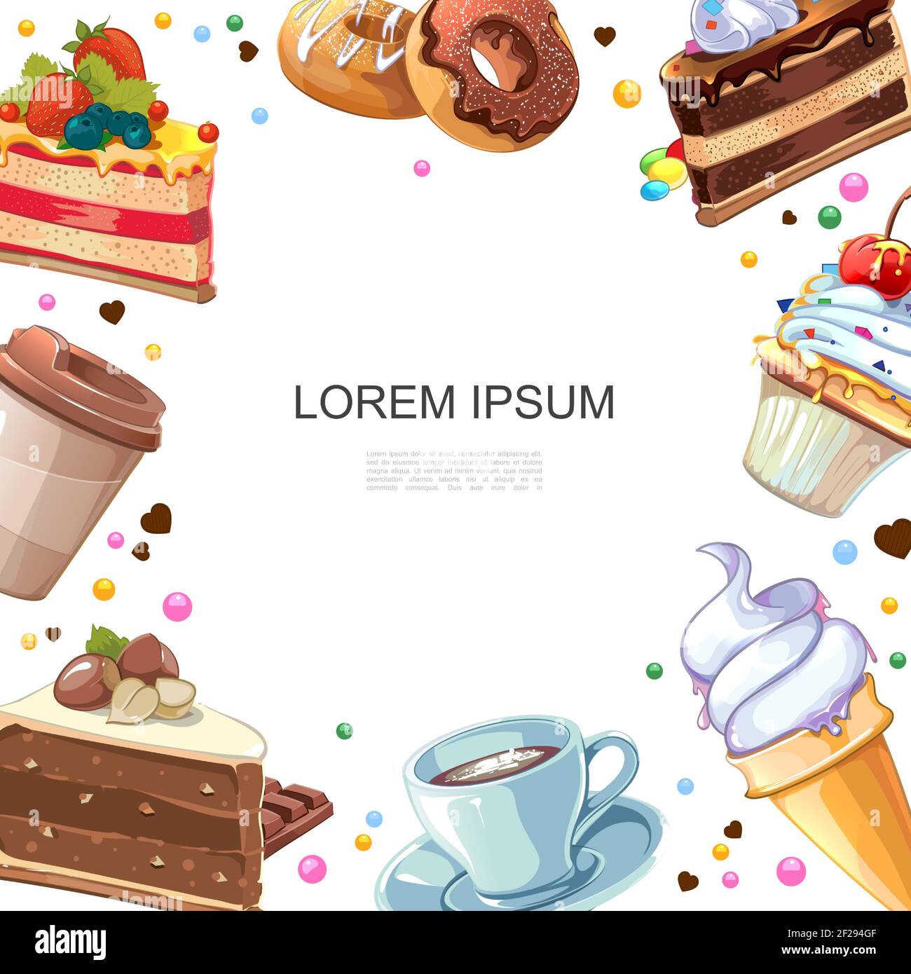 Cartoon sweet products template with ice cream donuts tasty cakes ...