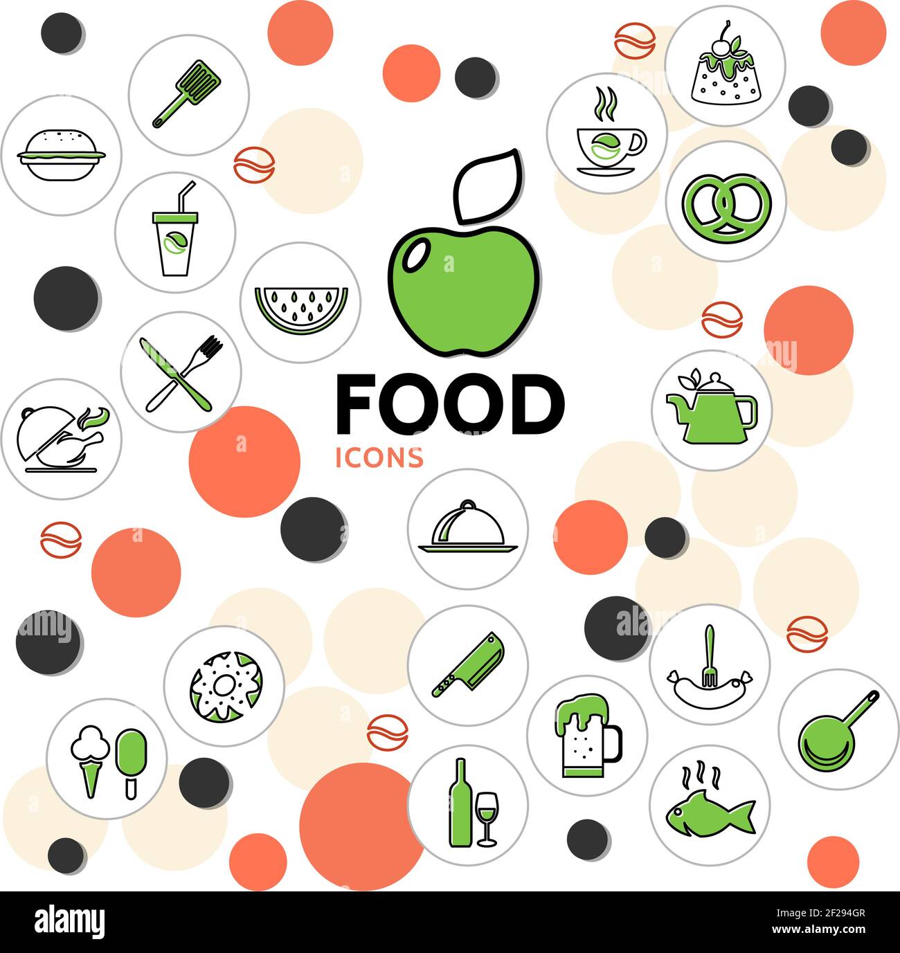 Food line icons collection with fruits drinks chicken fish ice cream ...