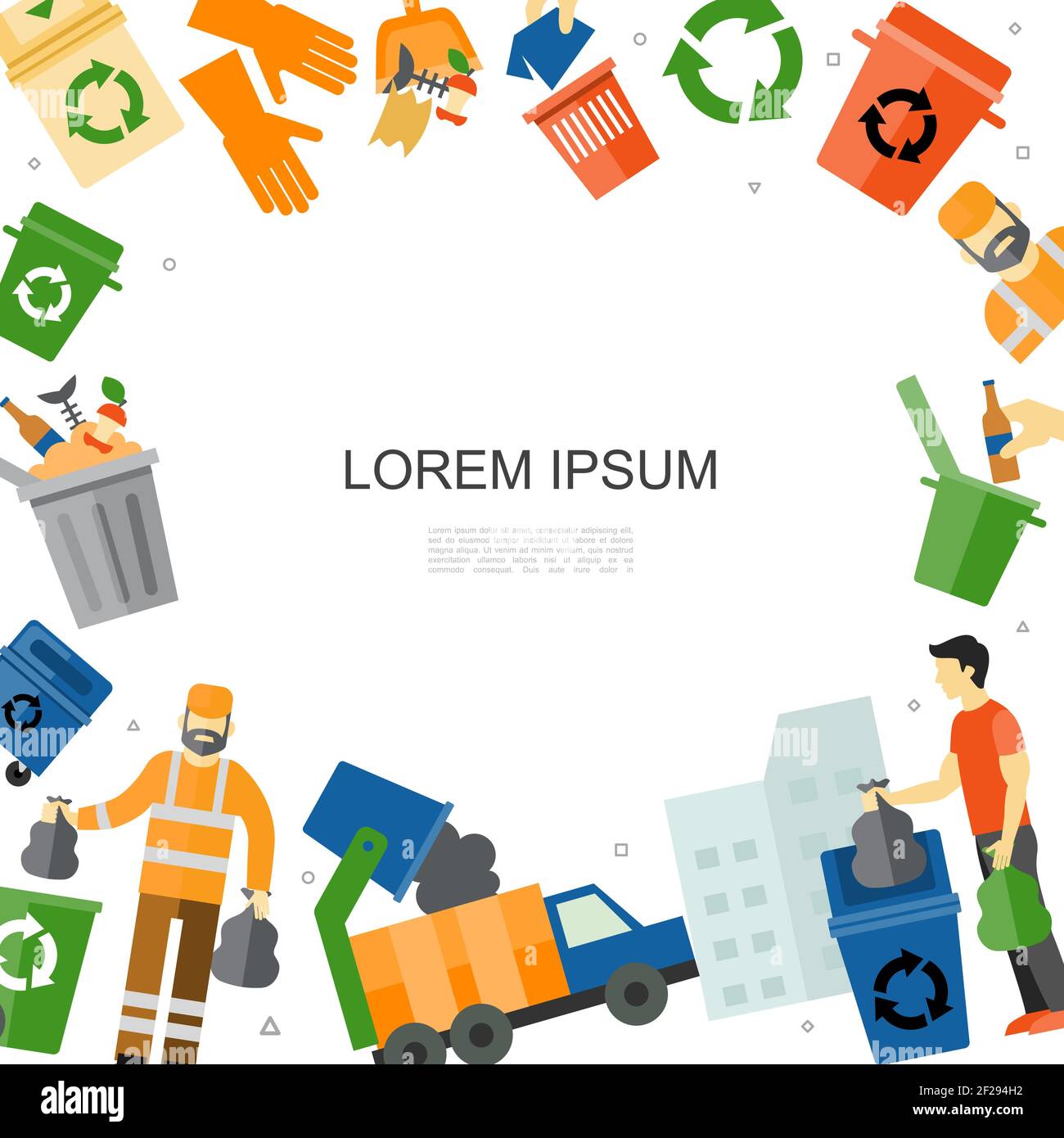 Flat garbage elements template with street cleaner man taking out trash ...