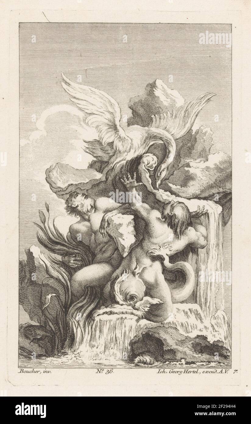 Fountain with swan and men; Diverses Fontaines.A Swan On a fountain ...