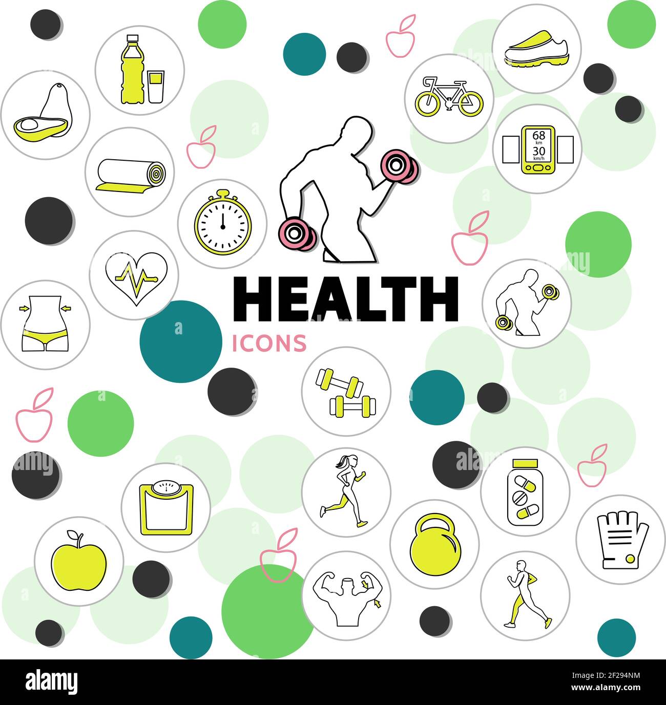 Health line icons set with sport equipment proper nutrition bicycle ...