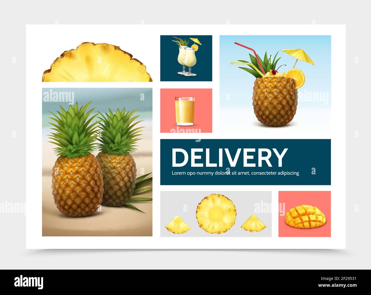 Realistic pineapple composition with fruits on beach pina colada ...
