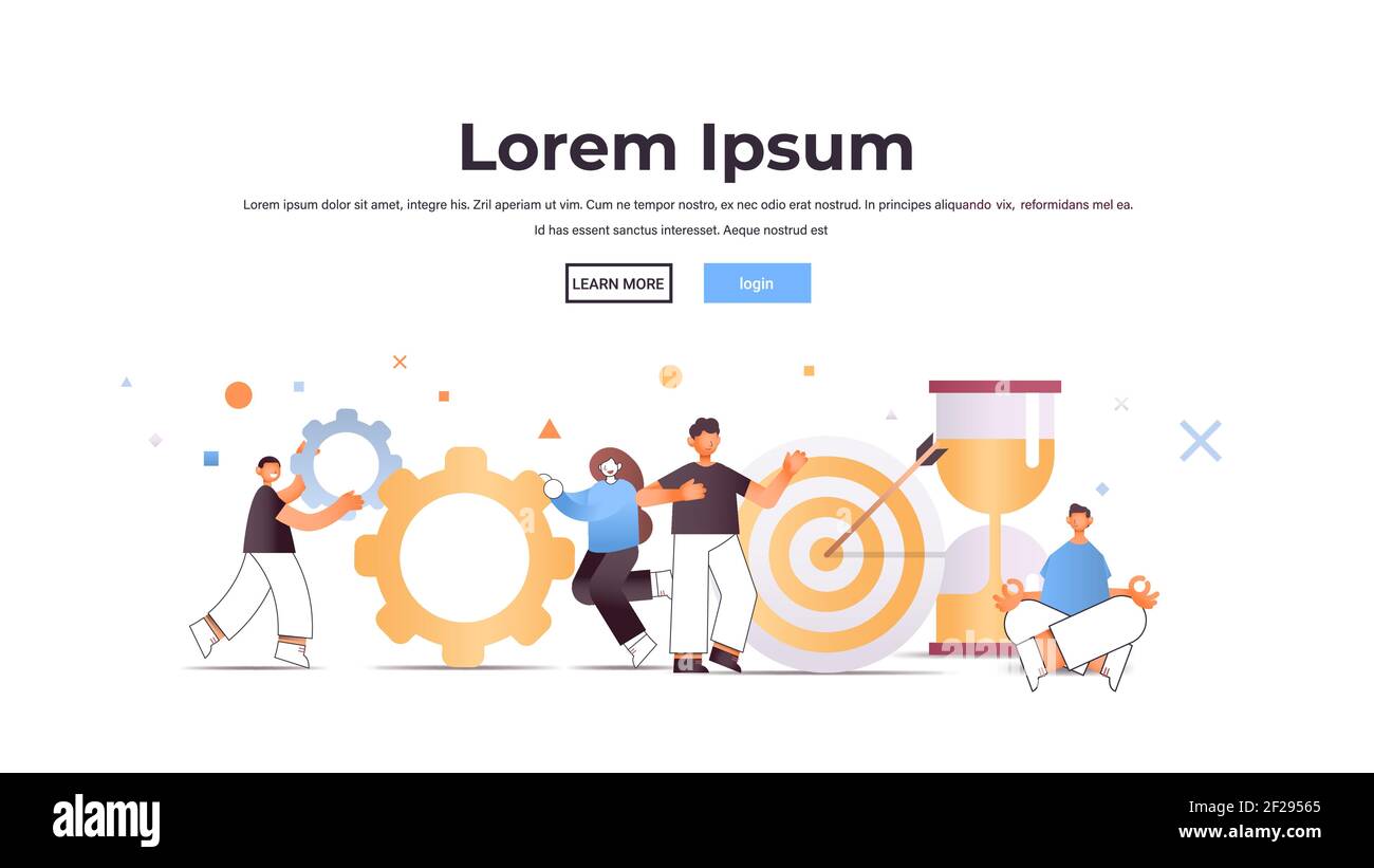 set businesspeople with cog wheels target and sand clock professional teamwork process ...