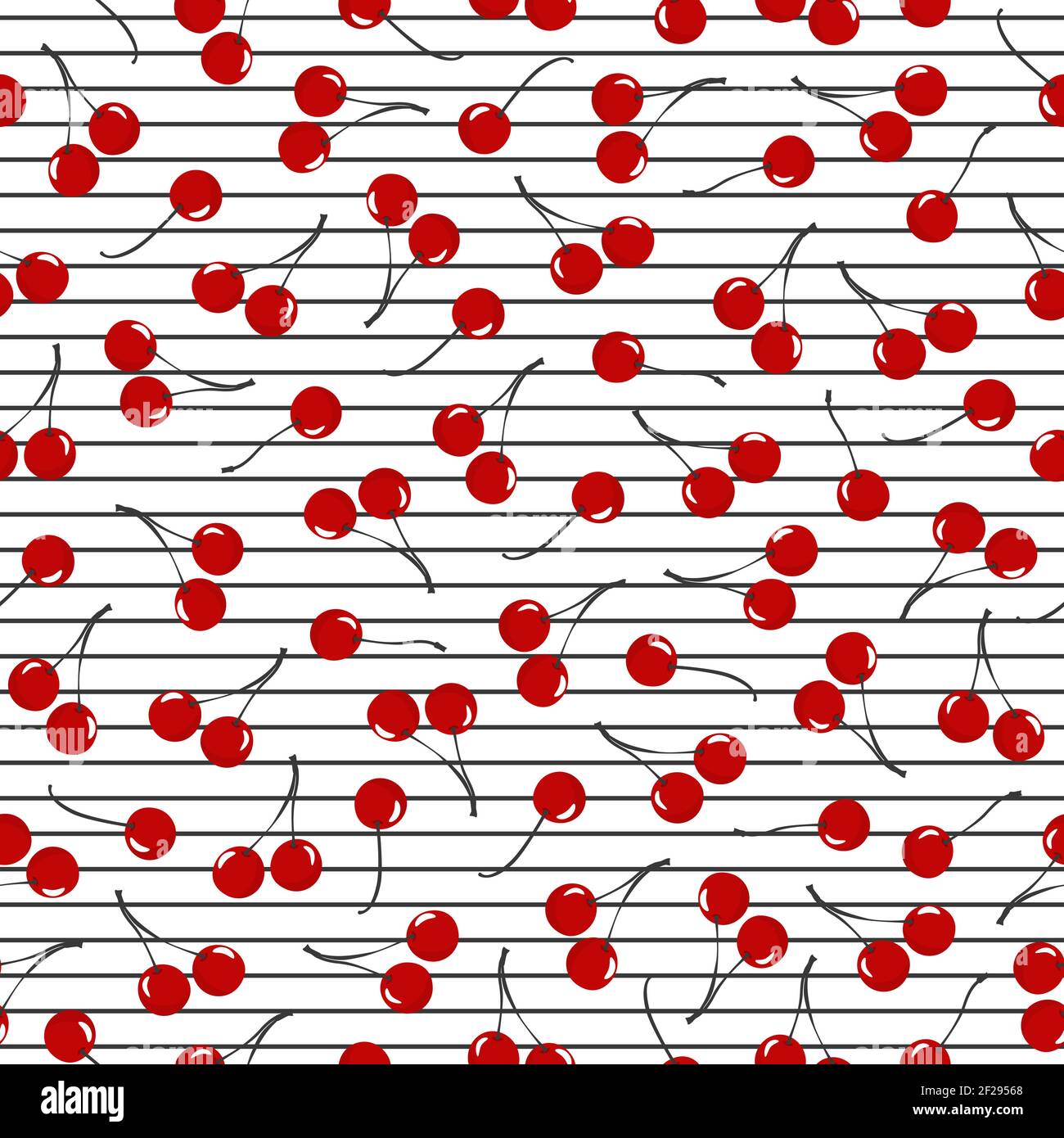 Seamless pattern with red cherries and black lines on white background ...