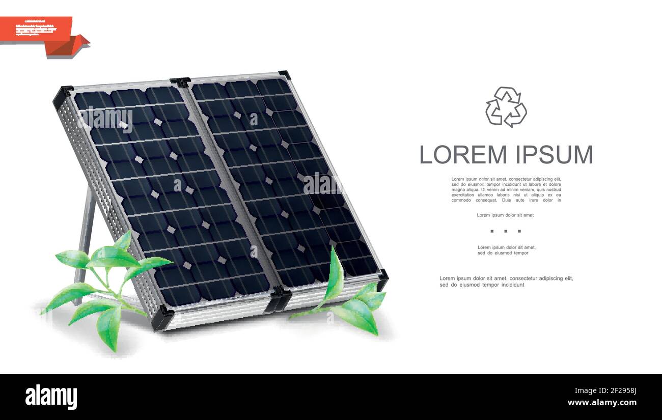 Realistic renewable energy template with solar panels and green leaves ...