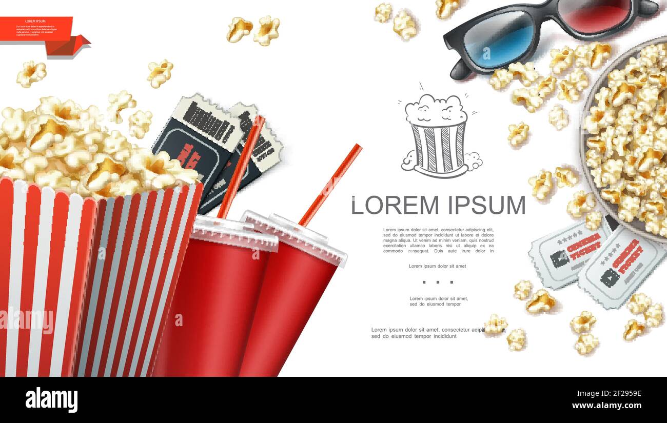 Realistic cinema elements background with 3d glasses tickets paper bag ...