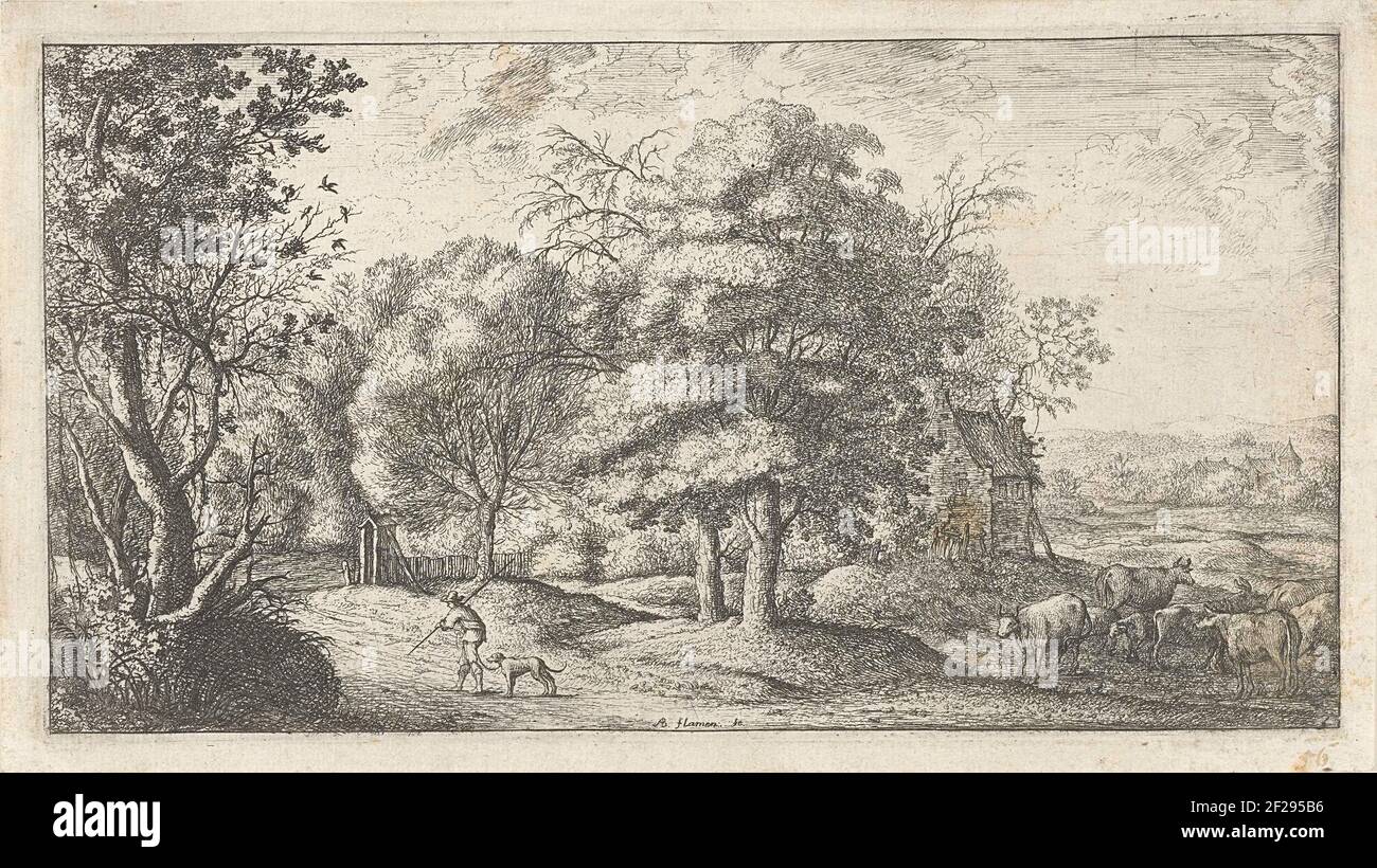 Landscape with man and dog. A path between tall trees runs a man with a ...