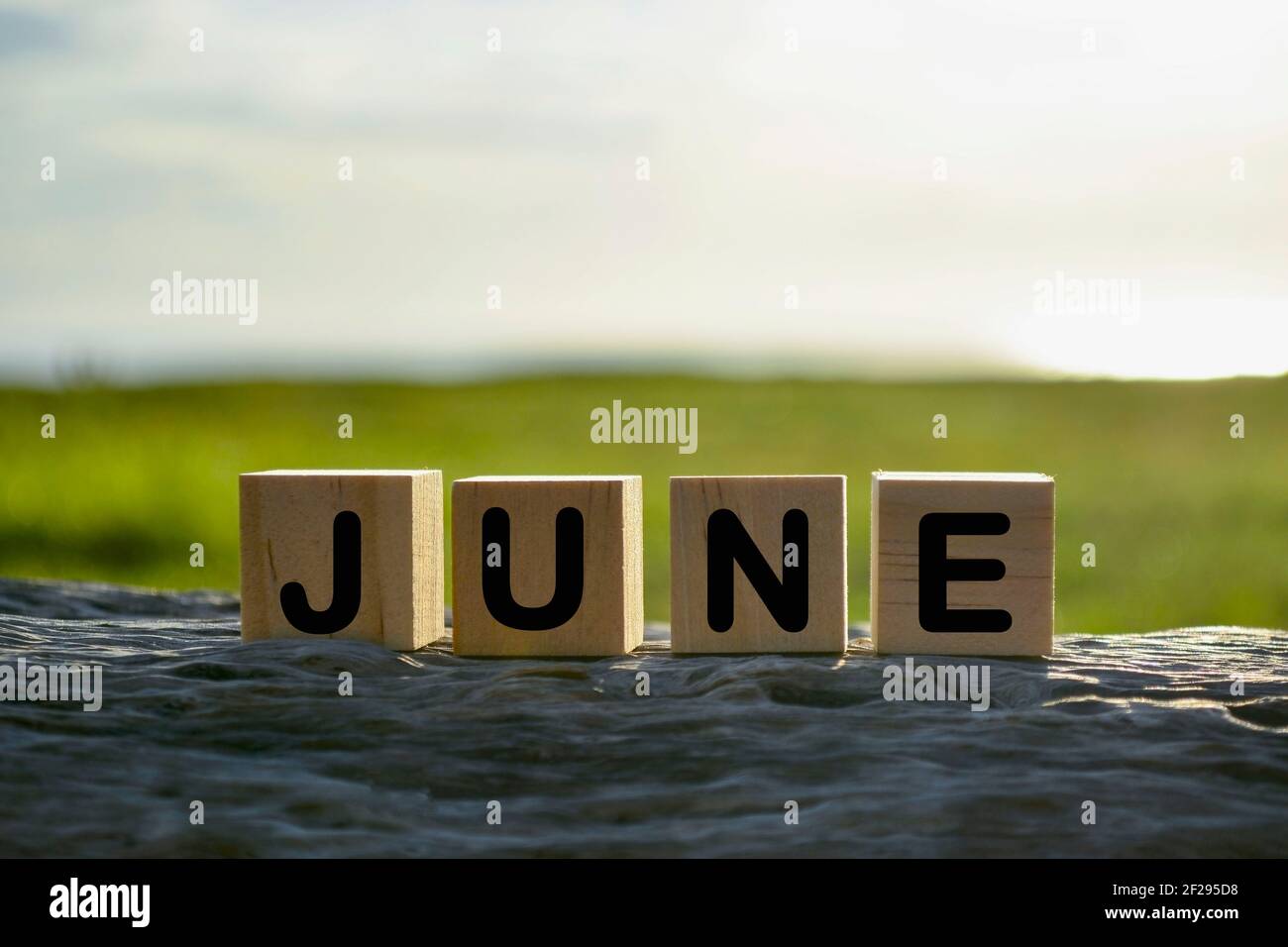 June text on wooden cube block on old tree stump with blurred ...