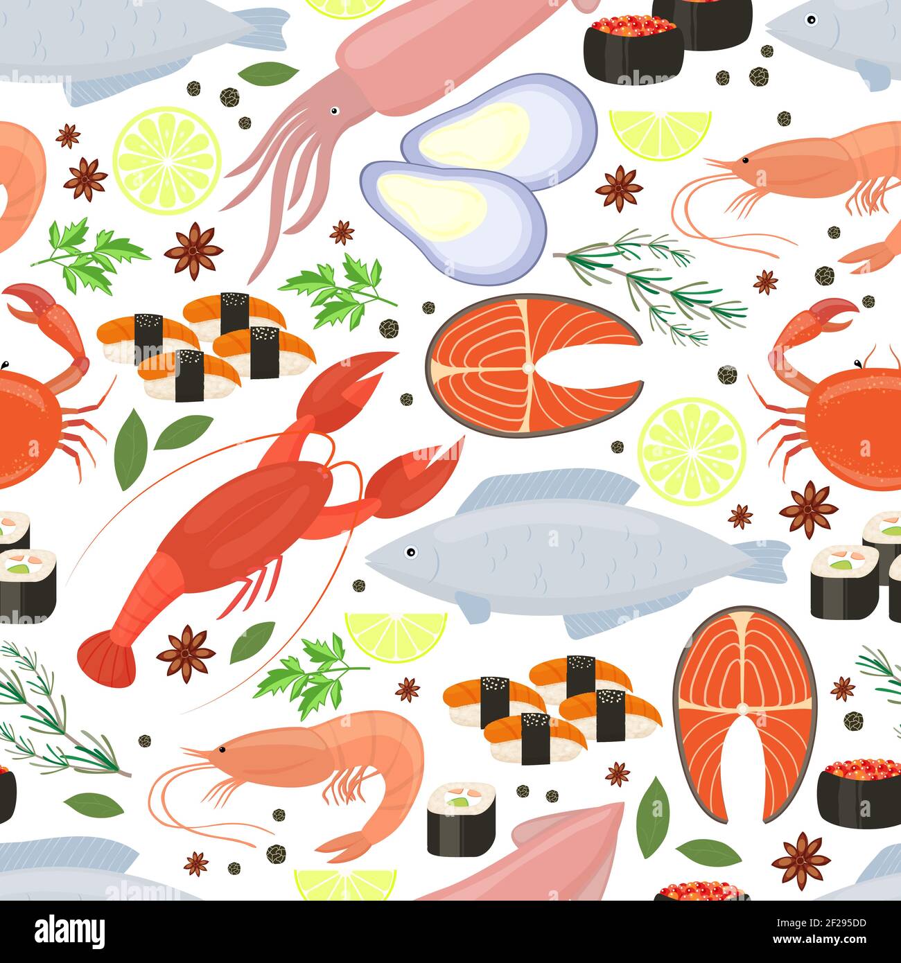 Seafood and spices background for restaurant menu in a seamless patter ...