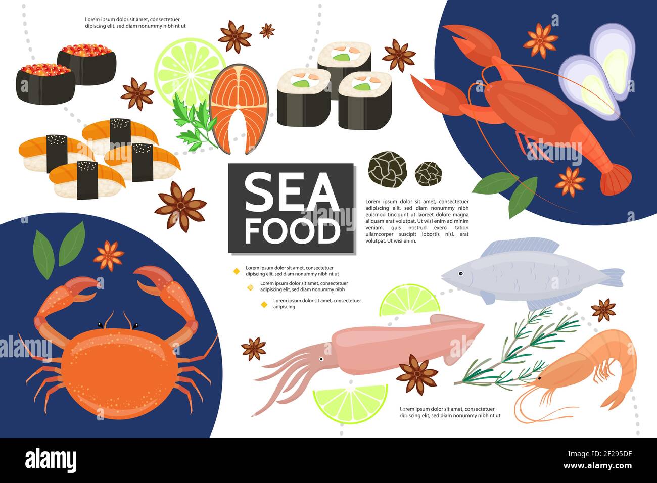 Flat seafood infographic concept with squid crab fish lobster shrimp ...