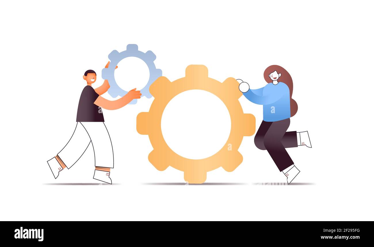 businesspeople couple holding cog wheel professional teamwork process ...
