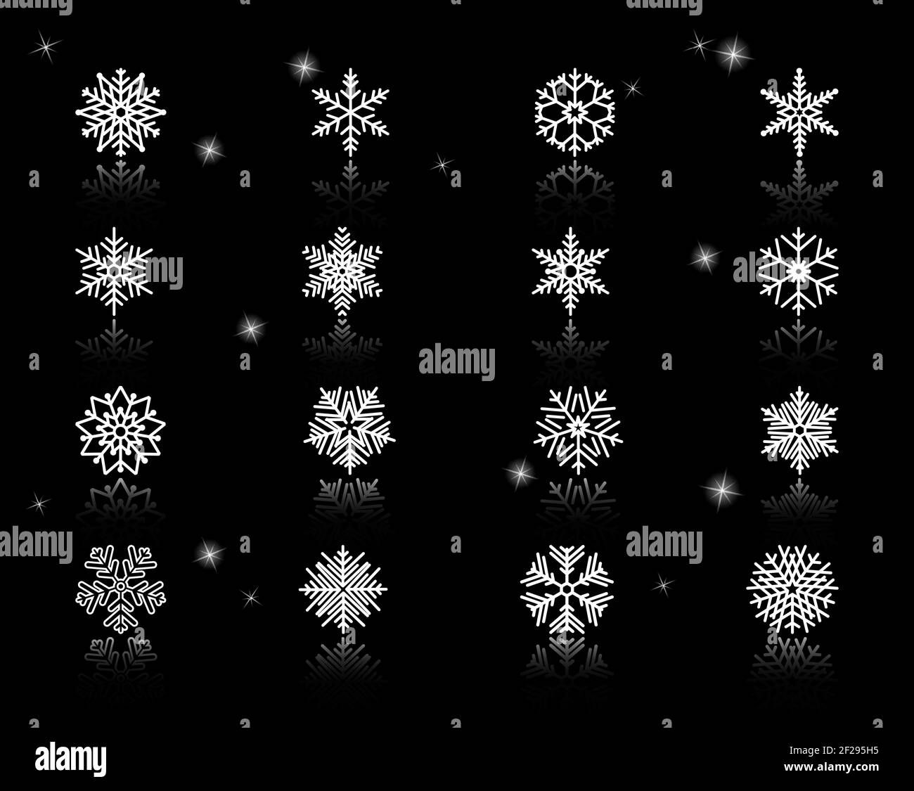 Set of assorted white snowflakes icons on black background with sparks ...