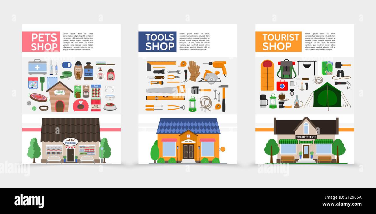Flat stores posters with different products for sale in pets tools ...