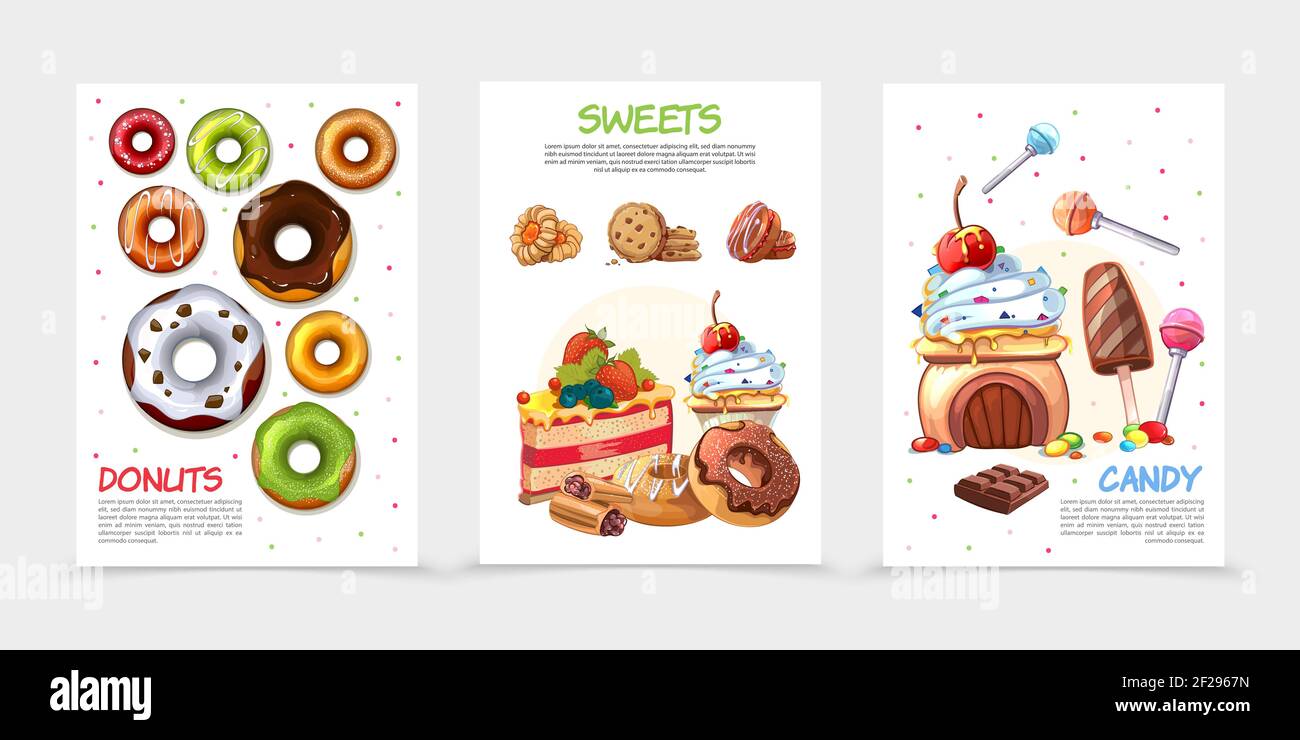 Cartoon sweets posters with donuts buscuit cakes lollipop ice cream ...