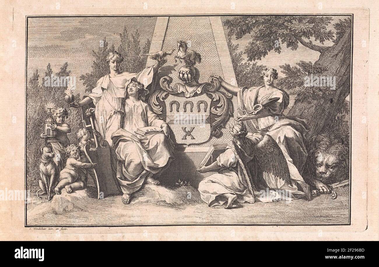 Wapenschild van familie Slicher, omringd door vier allegorische figuren ...