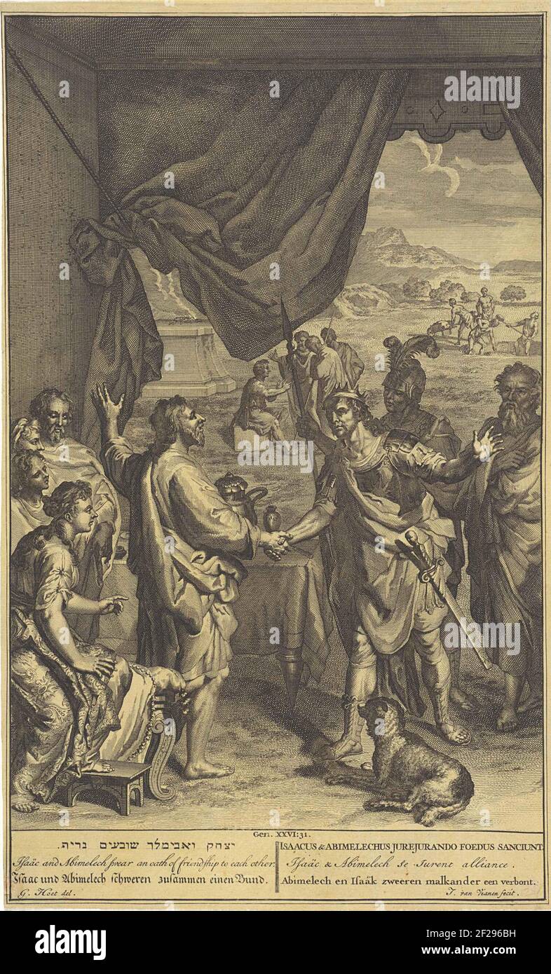 Abimelech en Isaak zweren elkaar een eed.Abimelech and Isaak swear the ...