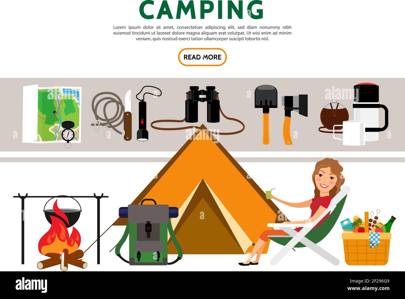 Flat camping elements set with female camper tent map compass knife binoculars shovel axe ...