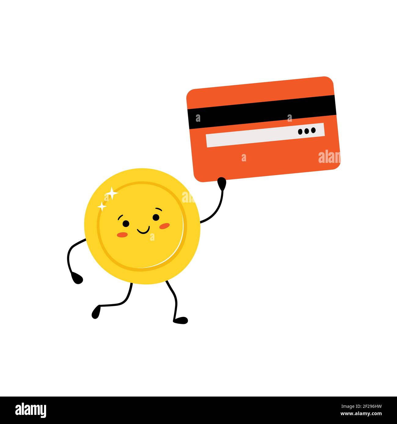 Cute gold coin with a credit card in hand. Money coin character Stock ...