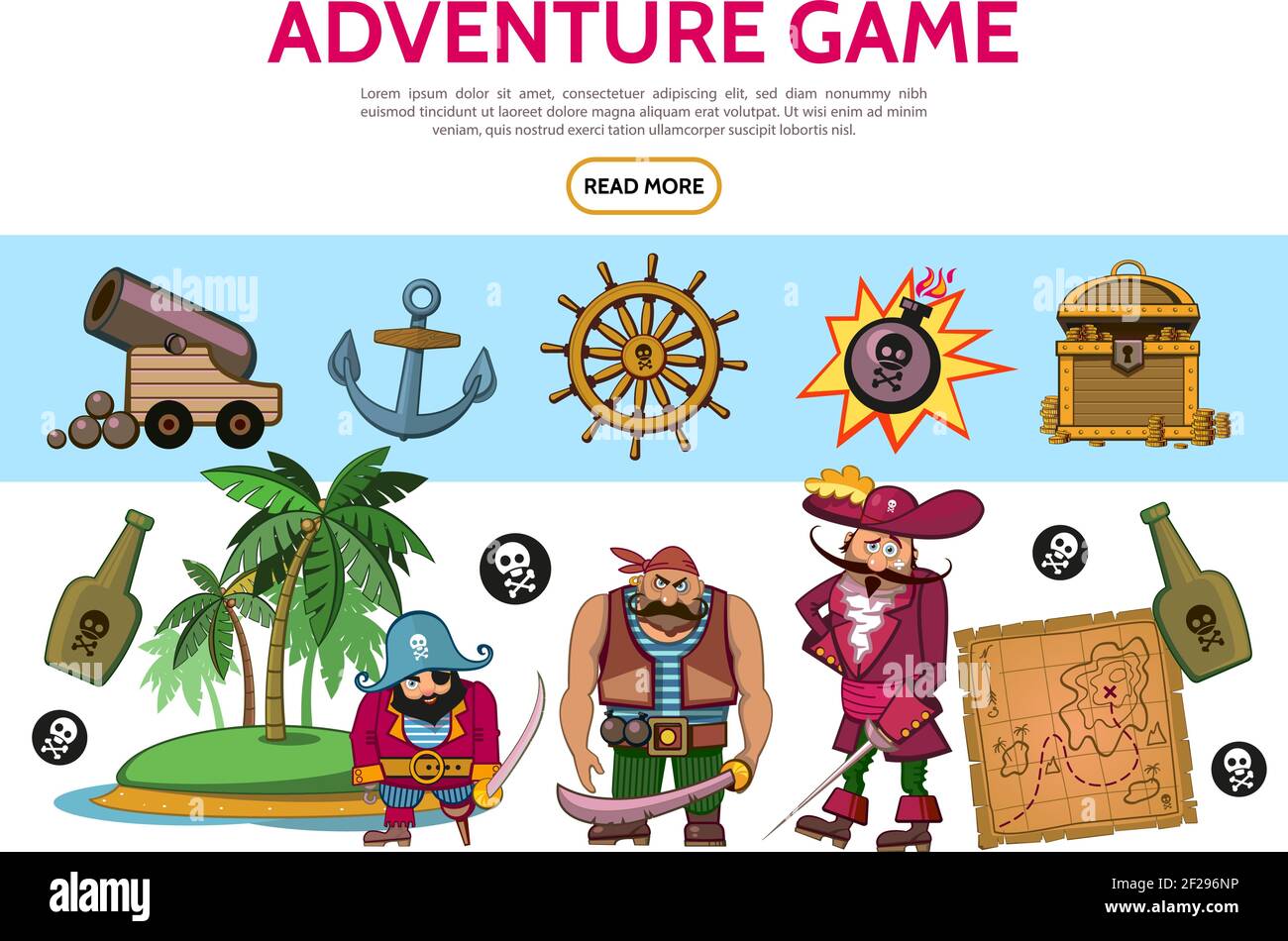 Cartoon adventure game elements set with pirates cannon anchor bomb ...