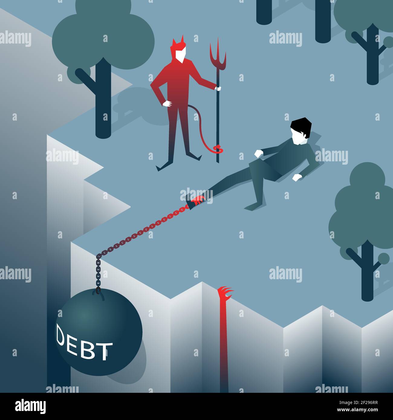 Debt takes off man over a cliff. Load pulls into the abyss. Bankruptcy ...