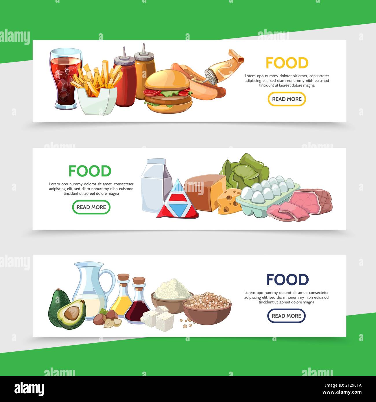 Cartoon food horizontal banners with soda french fries burger ketchup ...