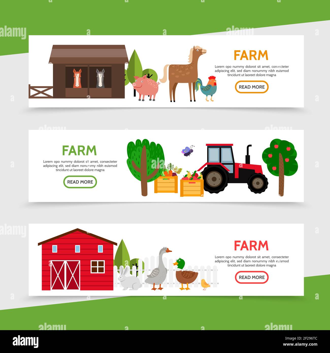Flat farm horizontal banners with horse chicken pig tractor barn rabbit ...