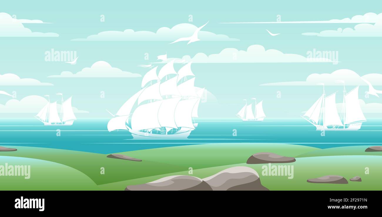 Sea landscape with ships. Travel boat, water nature, ocean and seagull ...