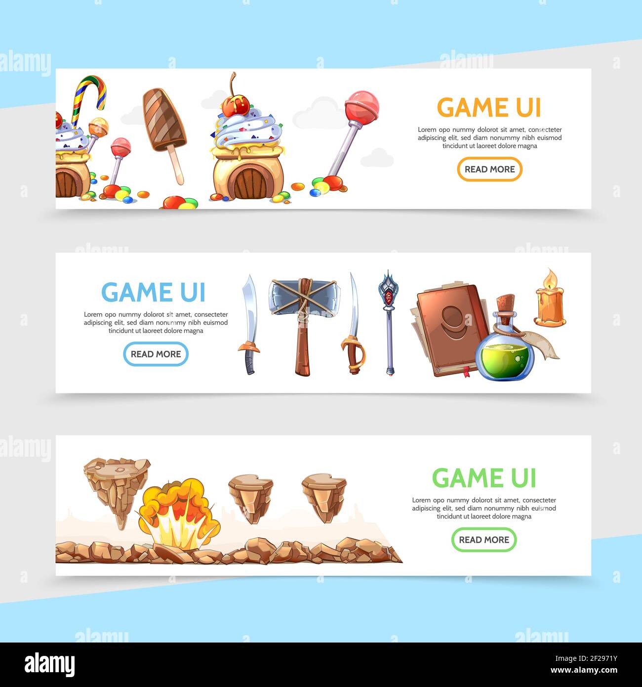 Flat game design horizontal banners with cakes ice cream candies ...