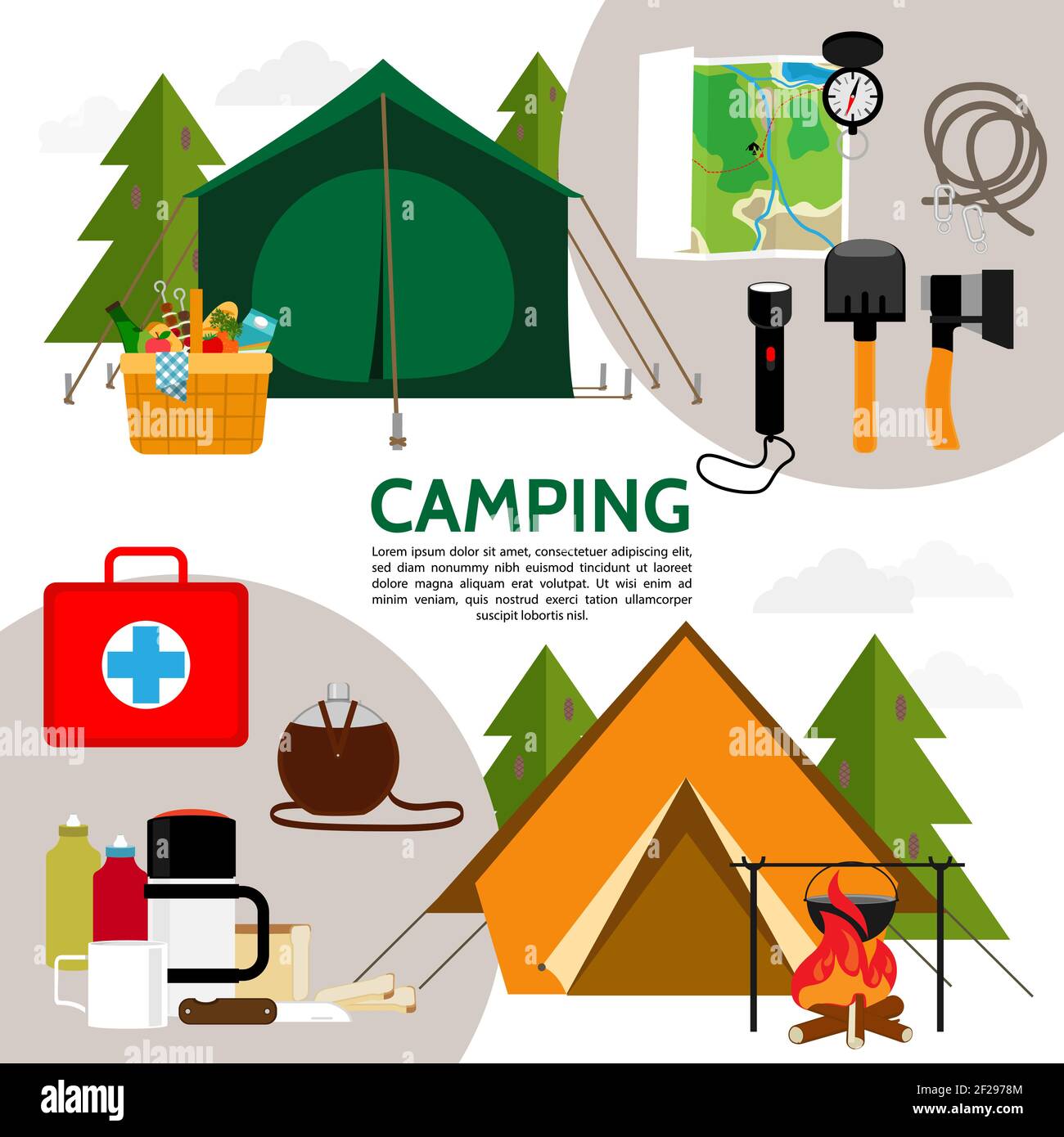 Flat camping icons composition with tent trees flashlight axe shovel ...