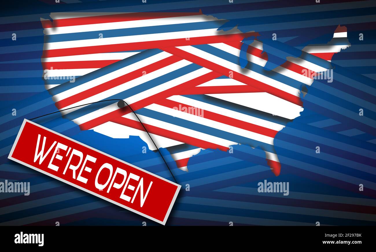 A 3D rendering of the USA map with the word WE'RE OPEN hanging on the ...