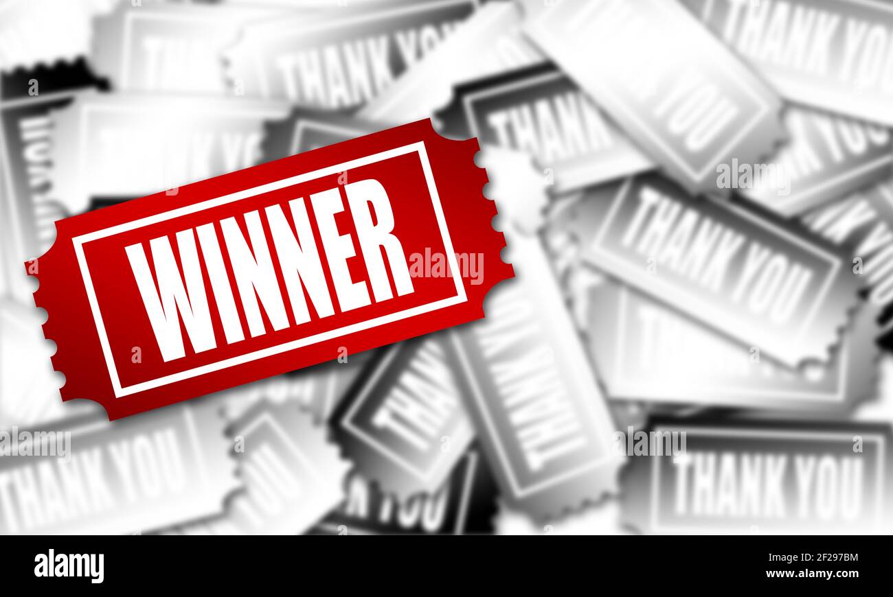 A 3d rendering of red WINNER ticket with THANK YOU tickets on the ...