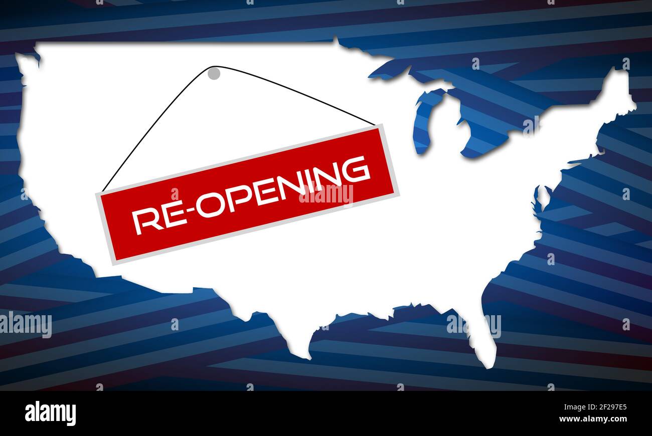 A 3D rendering of the USA map with the word RE-OPENING hanging on it ...