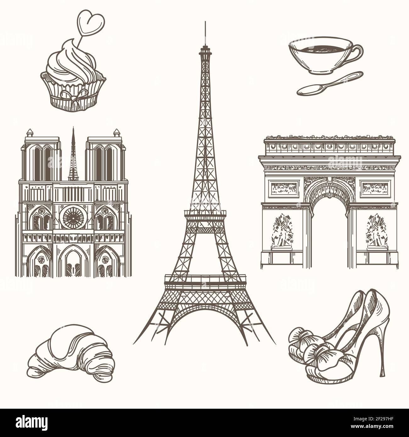 Hand drawn Paris symbols. French tourism and tower eiffel, notre dame ...