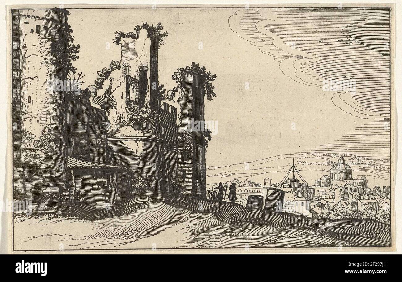 Gezicht op Rome vanaf Monte Pincio; Romeinse ruïnes en kustlandschappen ...