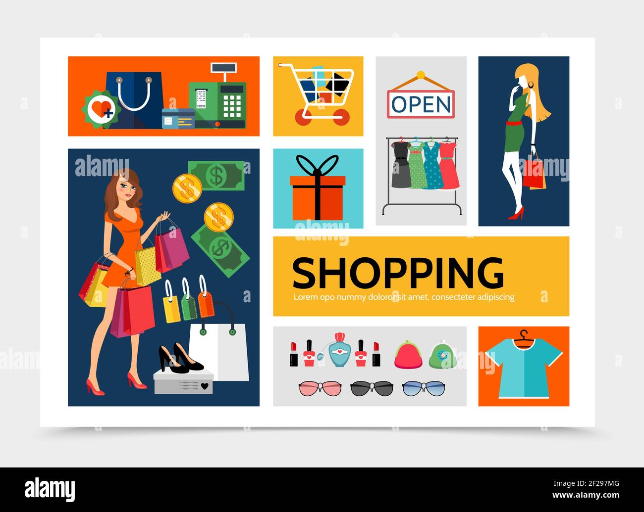 Flat shopping infographic template with women buying different products ...