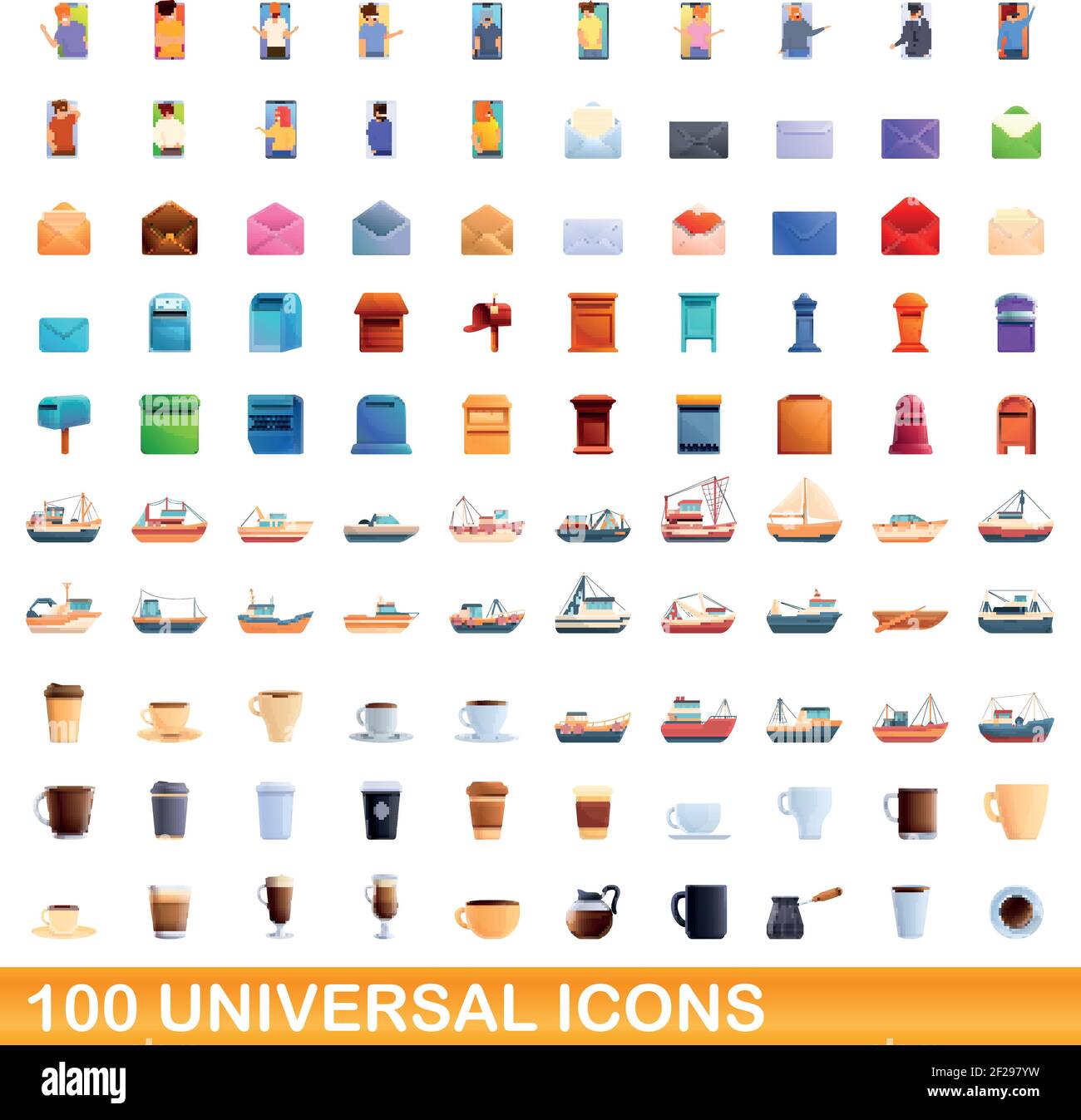 100 universal icons set. Cartoon illustration of 100 universal icons ...