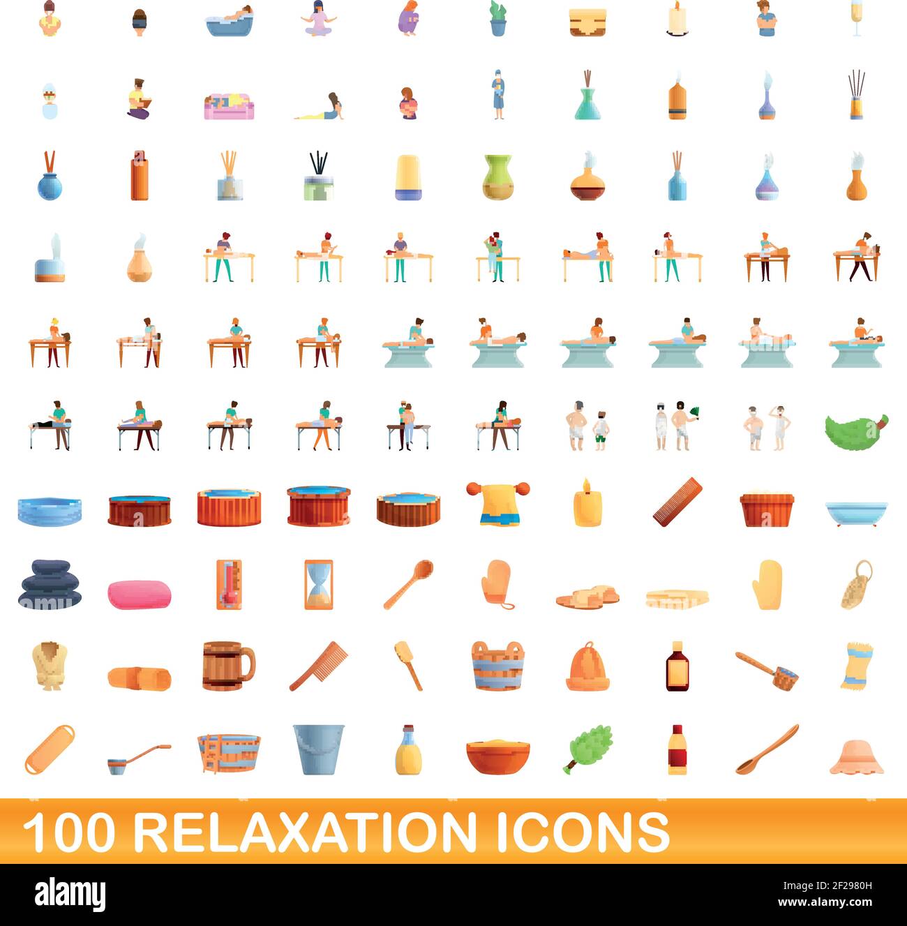 100 relaxation icons set. Cartoon illustration of 100 relaxation icons ...